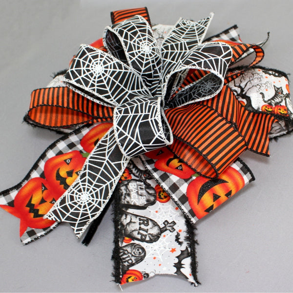 Halloween Graveyard Spider Web Pumpkin Wreath Bow - Package Perfect Bows